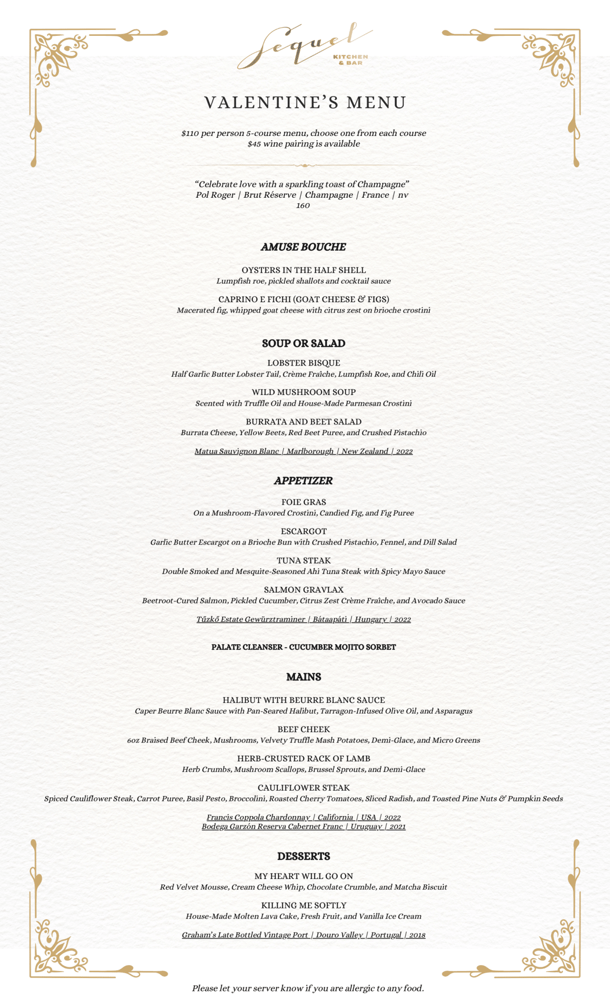 Valentine's day menu - The Sequel - Kitchen & Bar