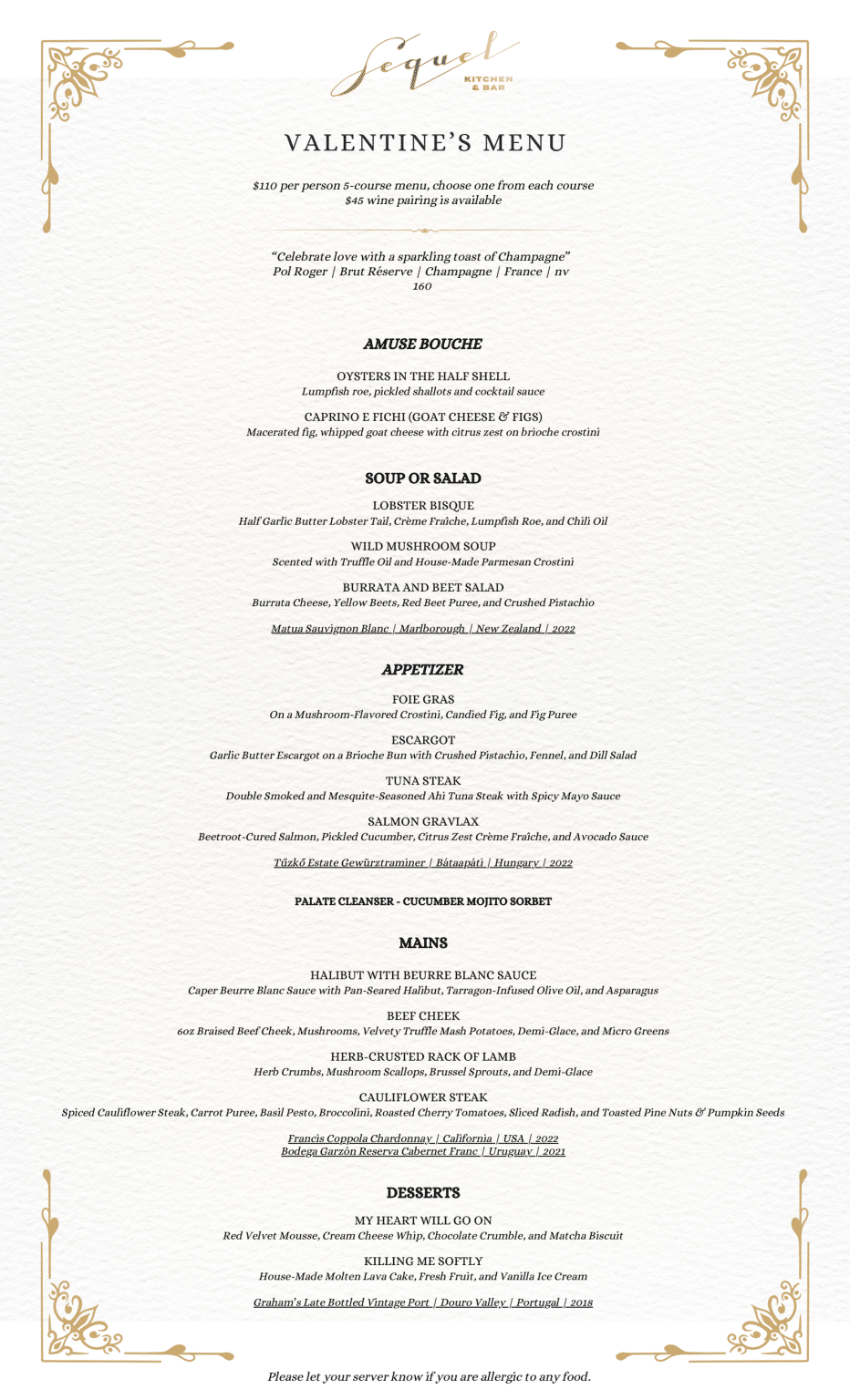 Valentine's day menu - The Sequel - Kitchen & Bar
